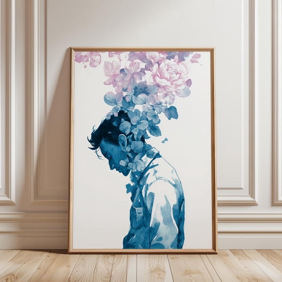 Blue Portrait With Blooming Flowers Emotional Botanical Art Print ...