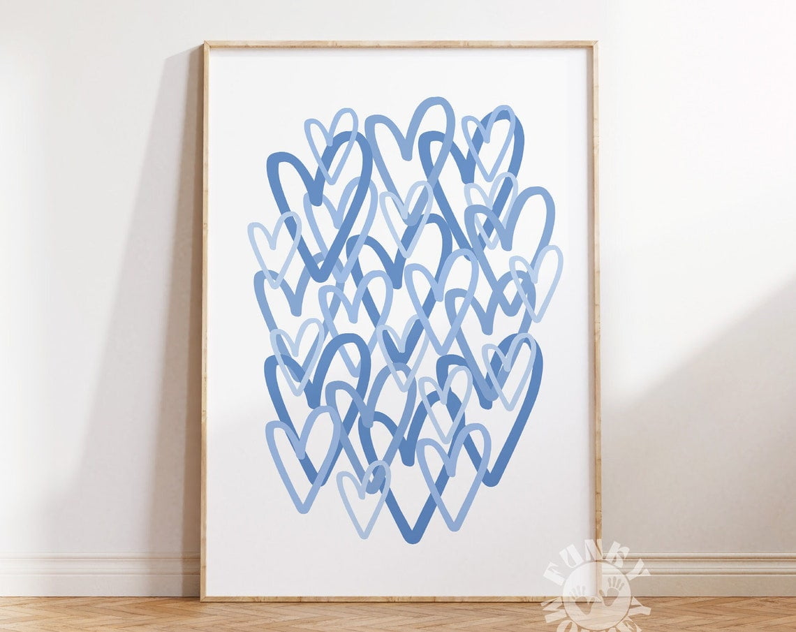 Blue Preppy Hearts Wall Art Print, Trendy Poster Abstract Hearts ...