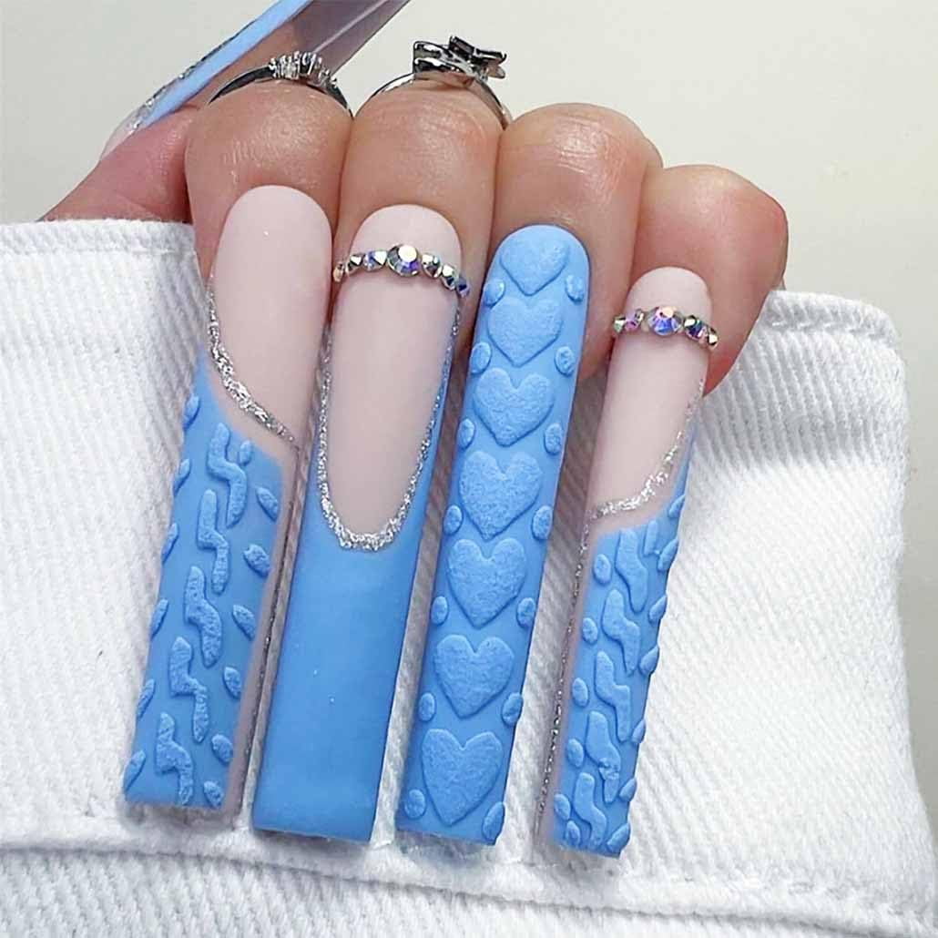 Blue Press on Nails Extra Long, Acrylic Fake Nails French Square False ...