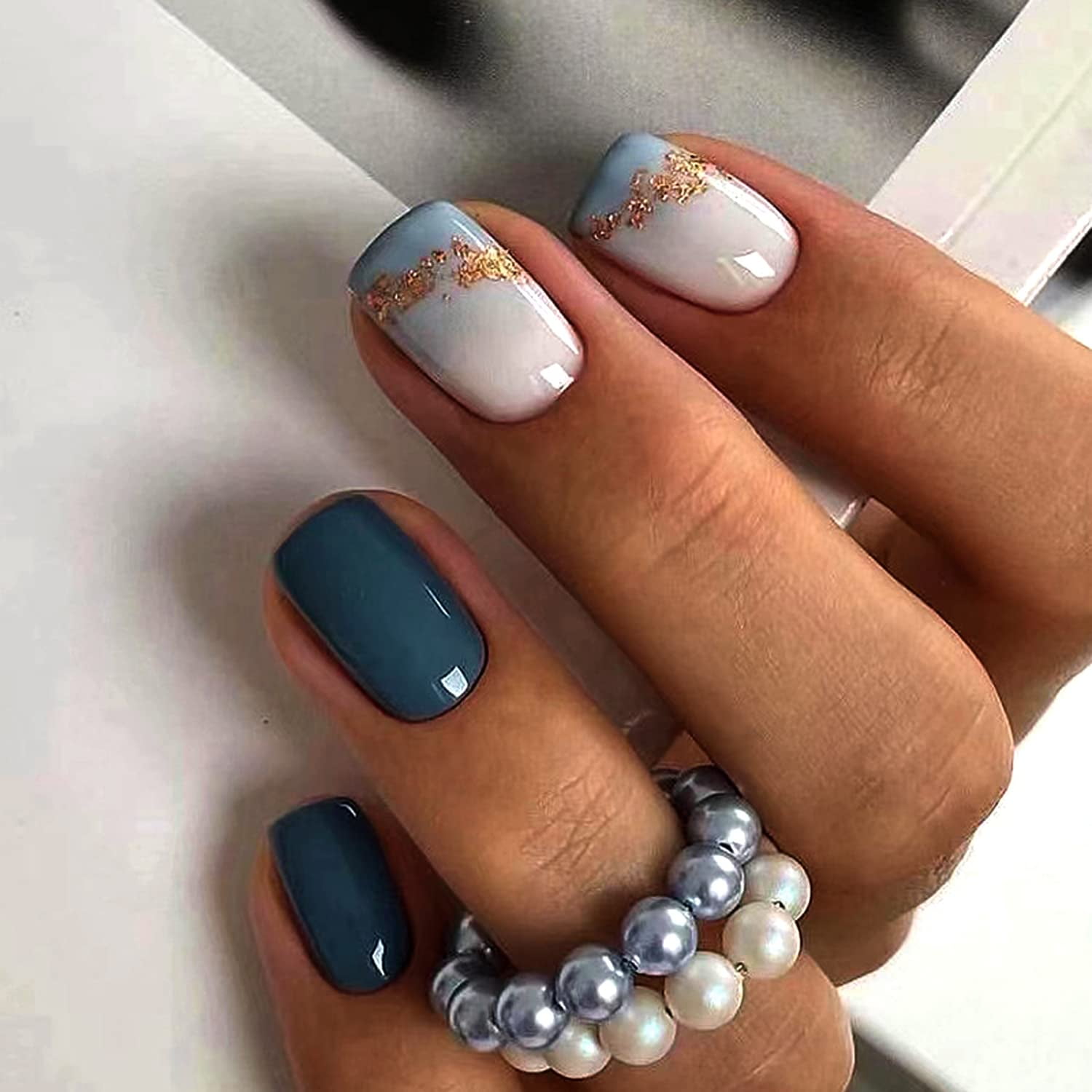 Blue Press on Nails Short Square Fake Nails Light Blue Gradient French ...