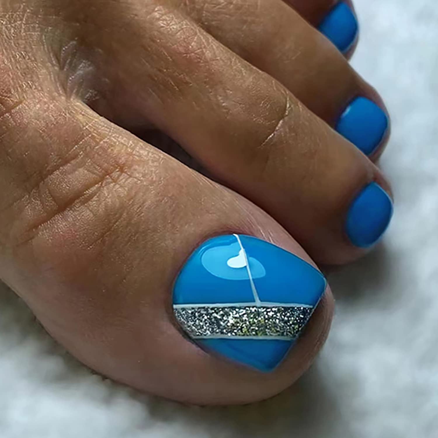 Blue Press on Toenails Short Square Fake Toenails with Glitter Design ...