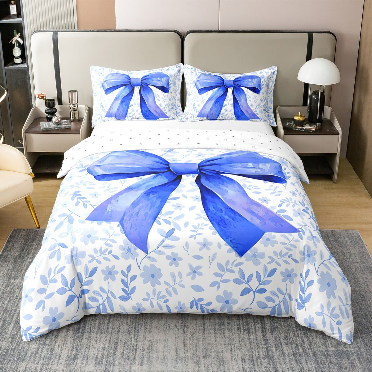 Blue Princess Bowknot 100% Cotton Duvet Cover Queen,Watercolor Bow ...