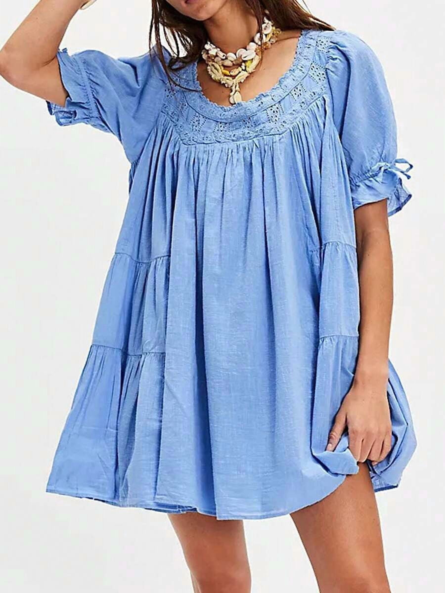 Blue Puff Sleeve Babydoll Mini Dress With Lace Trim Square Neck Flowy A ...