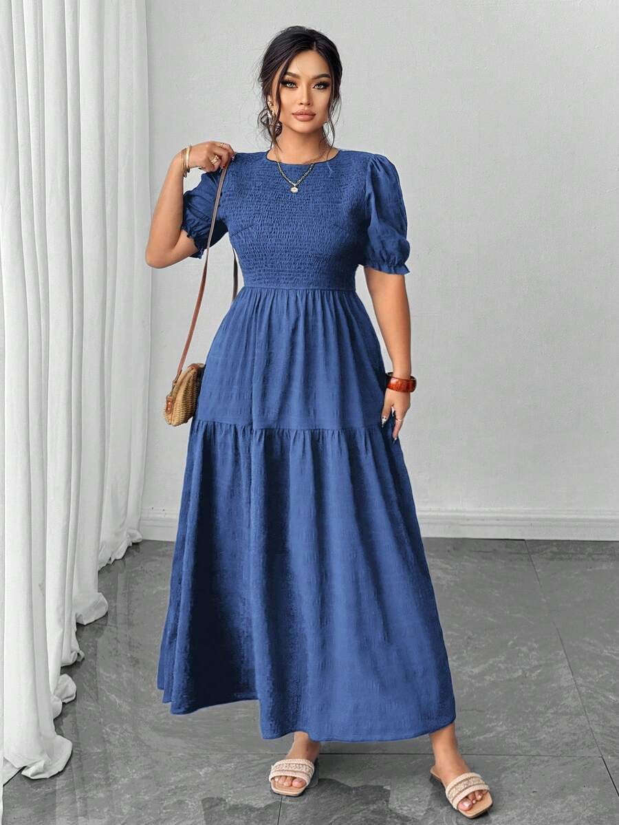 Blue Puff Sleeve Shirred Maxi Dress With Tiered Skirt And Ruffle Hem ...
