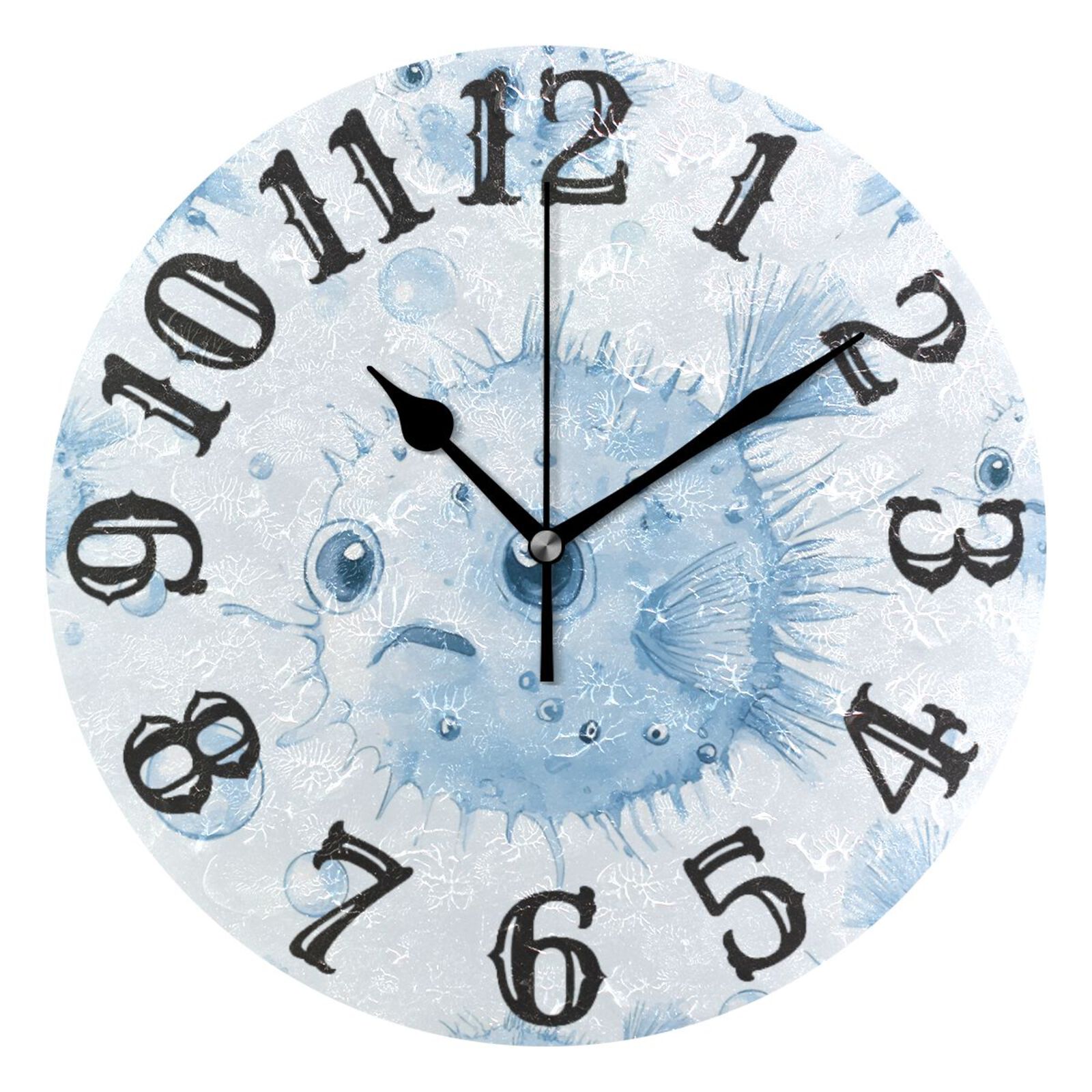 Blue Puffers Fish Wall Clock 10 inch Non-Ticking Easy to Read ...