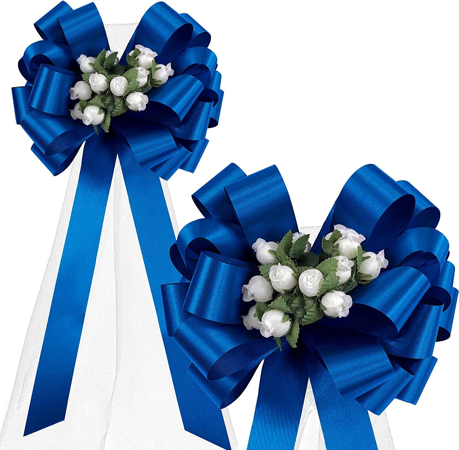 Blue Pull Bows with White Tulle Tails and Rosebuds - 8" Wide, Set of 6 ...