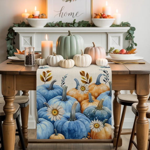 Blue Pumpkin Autumn Thanksgiving Table Runner 13x48in Non-Slip Cotton ...
