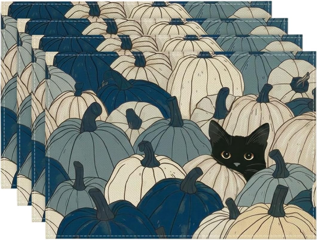 Blue Pumpkin Cat Fall Placemats Set of 4, 12x18 Inch Seasonal Autumn ...