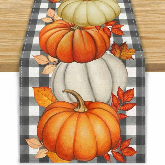 Blue Pumpkin Eucalyptus Leaves Fall Linen Table Runner Farmhouse Autumn ...