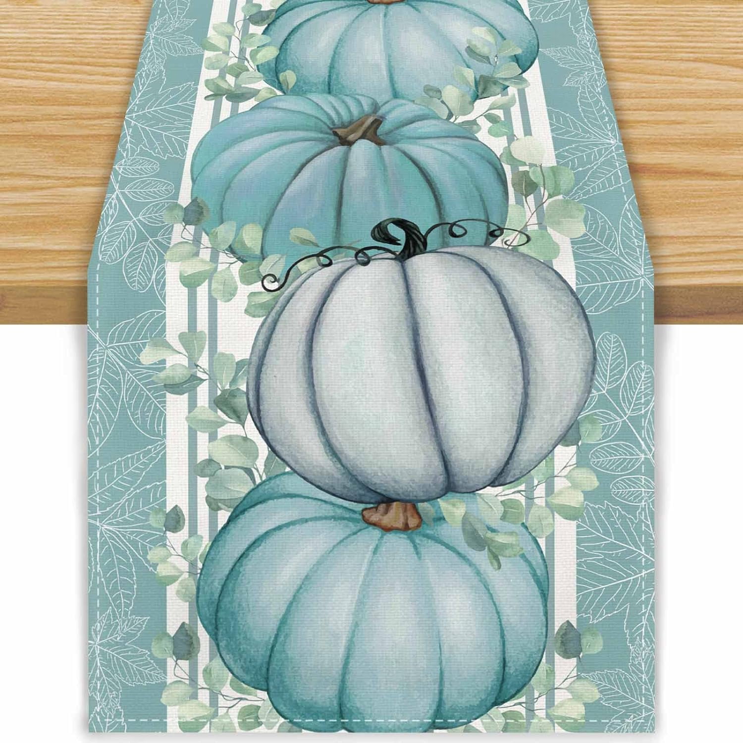 Blue Pumpkin Eucalyptus Leaves Fall Linen Table Runner Farmhouse Autumn ...