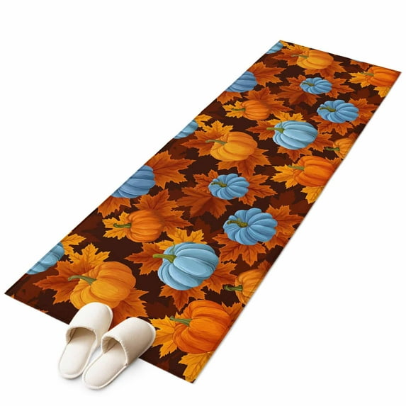 Blue Pumpkin Fall 2'x6' Runner Rug, Thanksgiving Maple Leaves Farmhouse ...