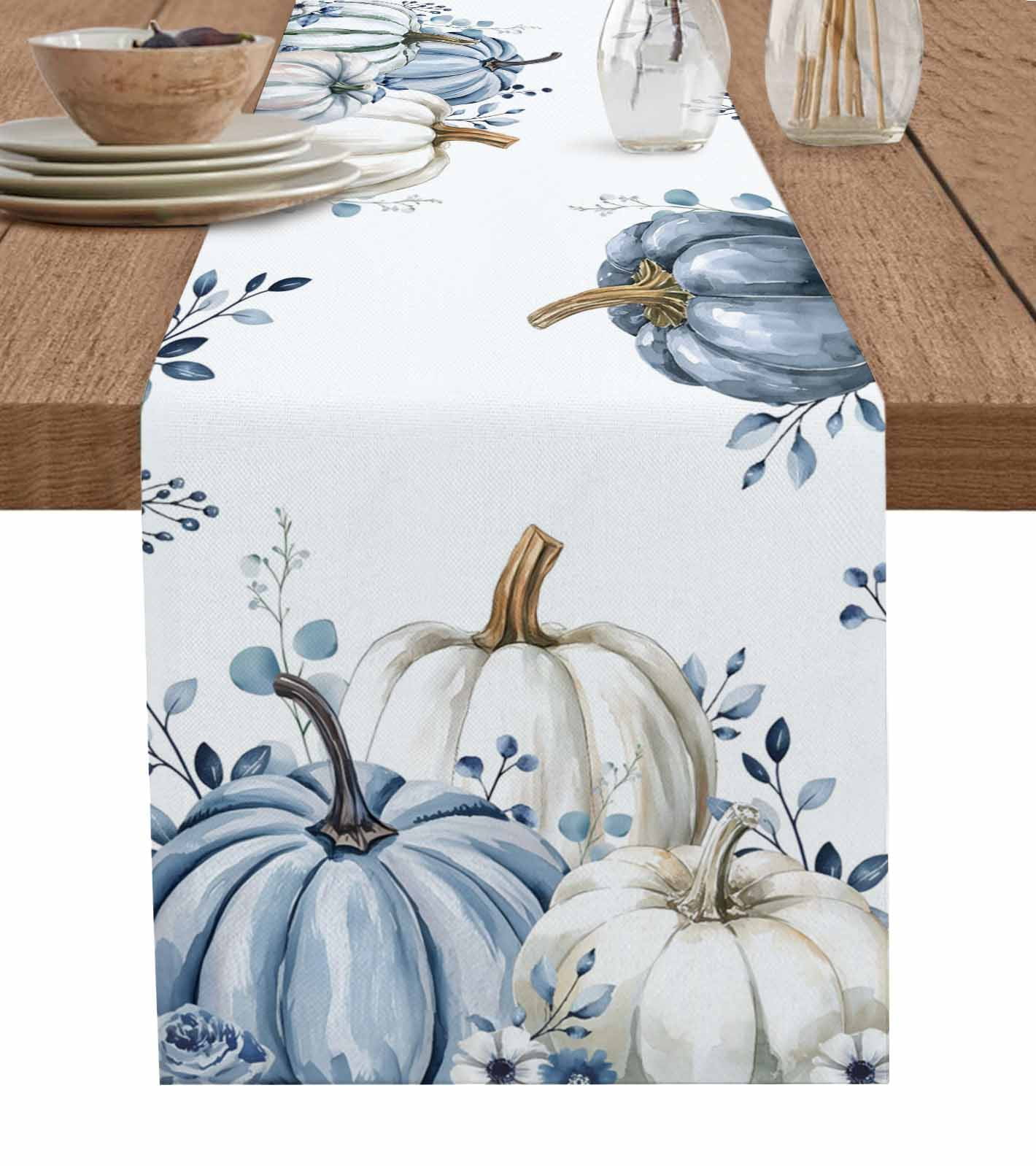 Blue Pumpkin Fall Burlap Cotton Table Runner 13x60 Inches Long ...