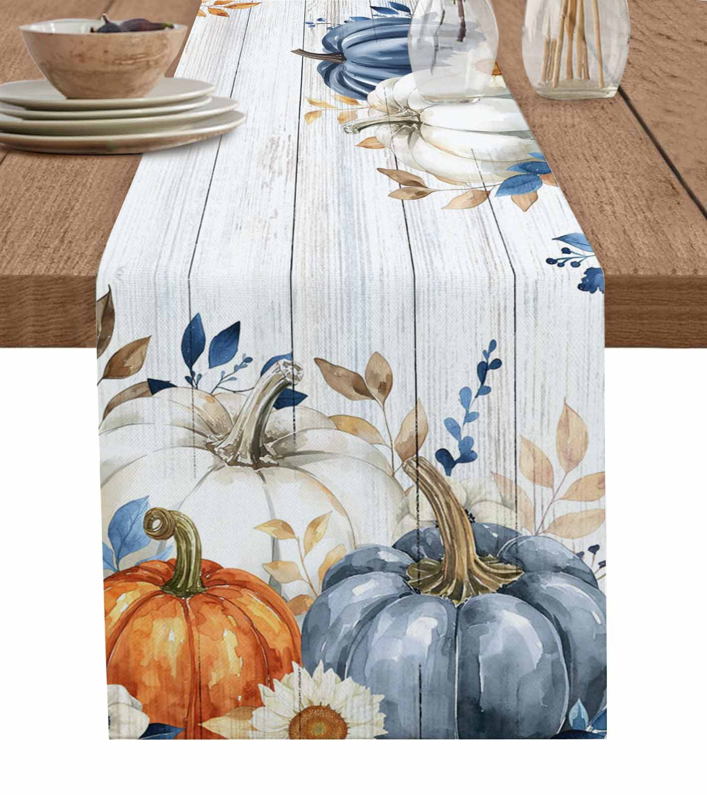 Blue Pumpkin Fall Burlap Cotton Table Runner 13x70 Inches Long ...