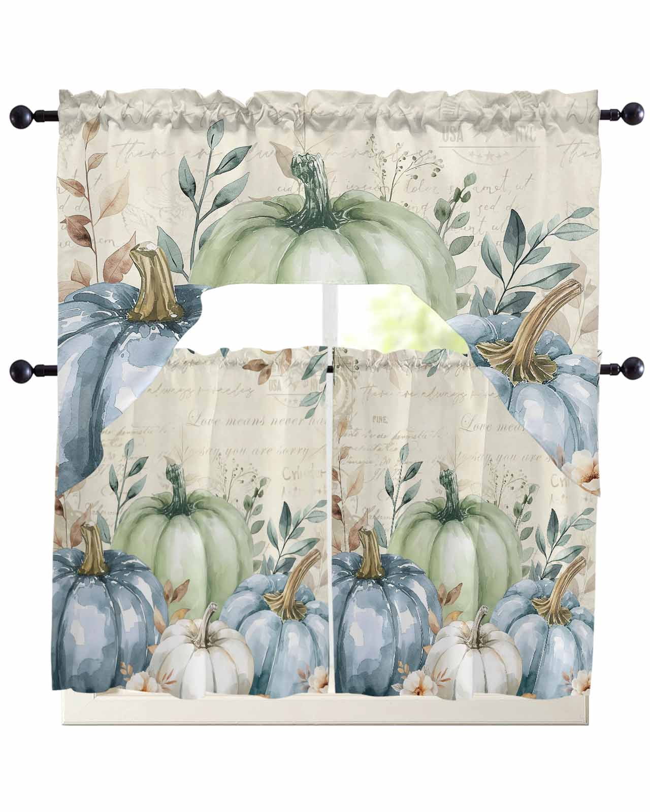 Blue Pumpkin Fall Kitchen Curtains Set for Windows 3 Piece Cafe ...