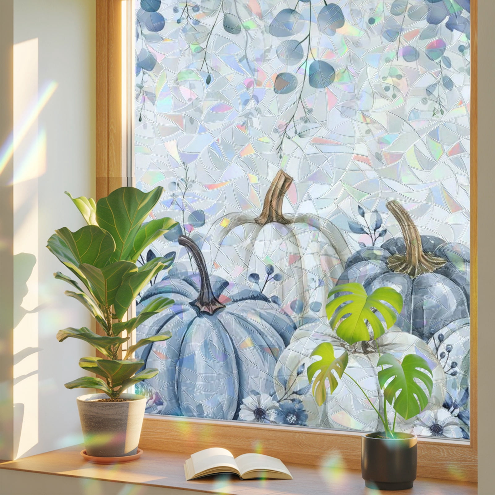 Blue Pumpkin Fall Privacy Window Film, Decorative Stained Glass Window ...