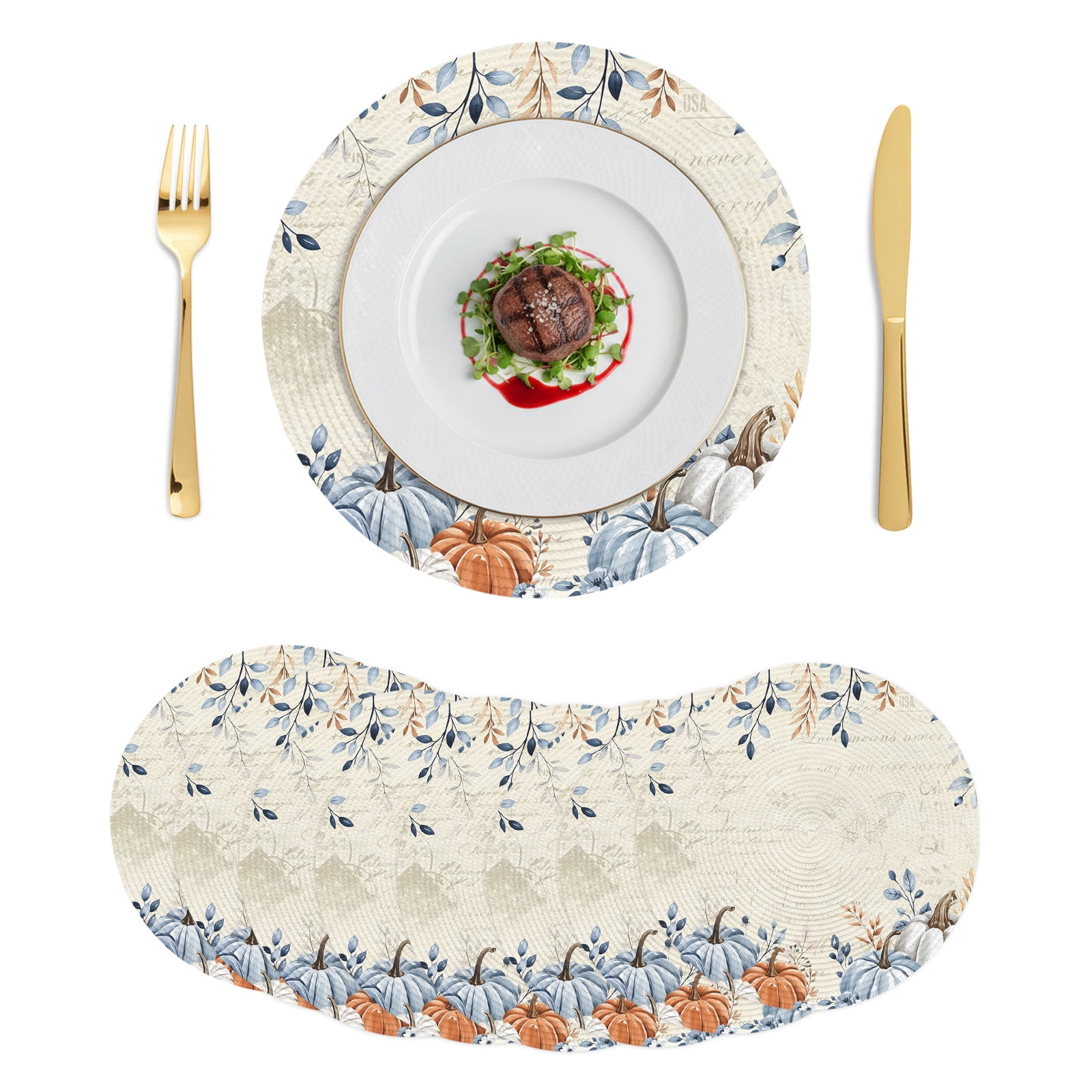 Blue Pumpkin Fall Round Placemats Set of 8, Braided Polypropylene Place ...