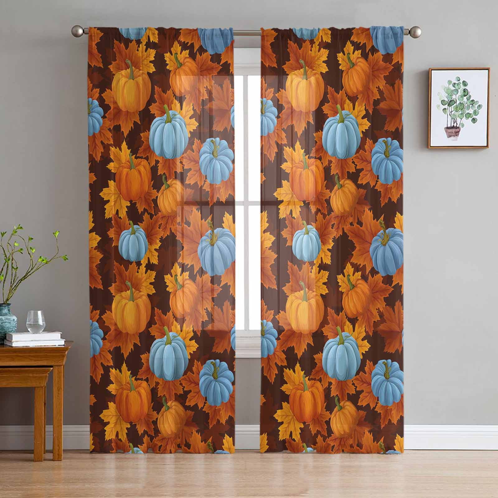 Blue Pumpkin Fall Sheer Curtains 84 Inches Long 2 Panels Set, Window ...