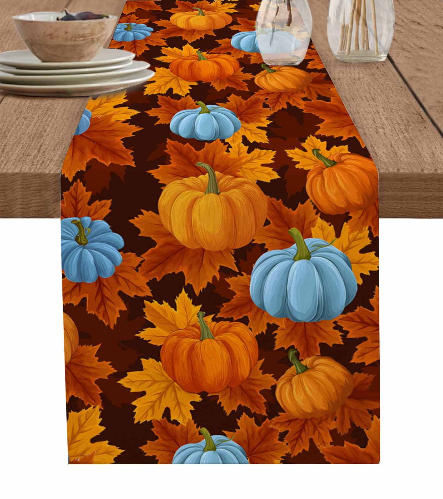 Blue Pumpkin Fall Table Runner 120 Inches, Thanksgiving Maple Leaves ...