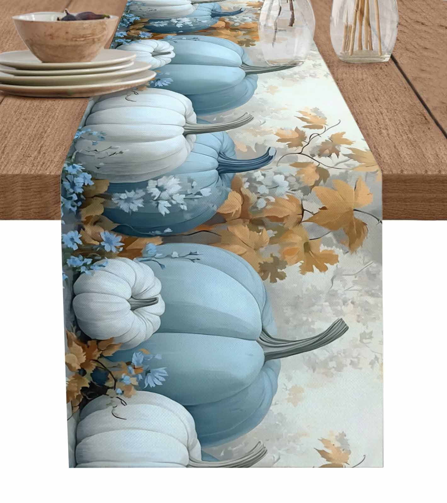 Blue Pumpkin Fall Table Runner 72 Inches, Thanksgiving Autumn Botanical ...