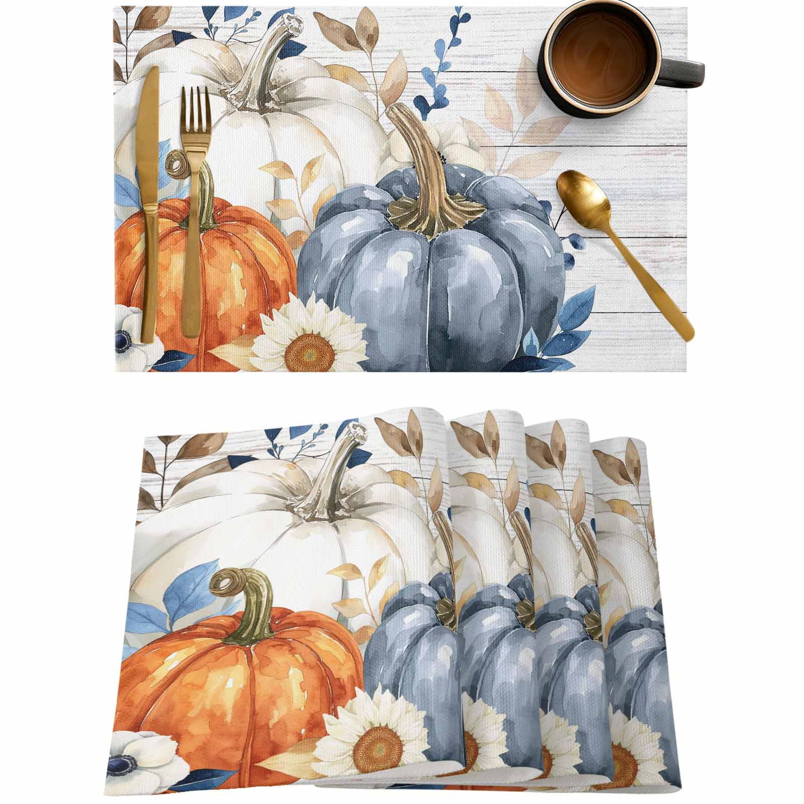 Blue Pumpkin Fall Thanksgiving Flower Placemats Set of 4,Wipeable ...