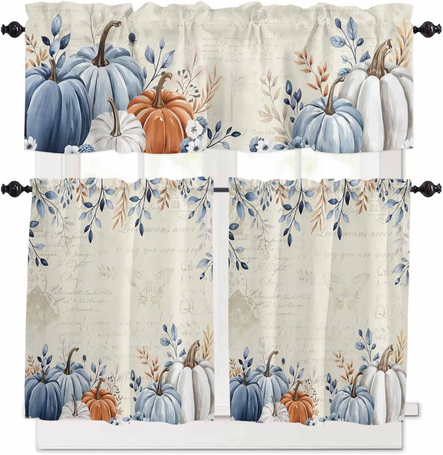Blue Pumpkin Kitchen Curtains, Thanksgiving Fall Eucalyptus Leaves ...