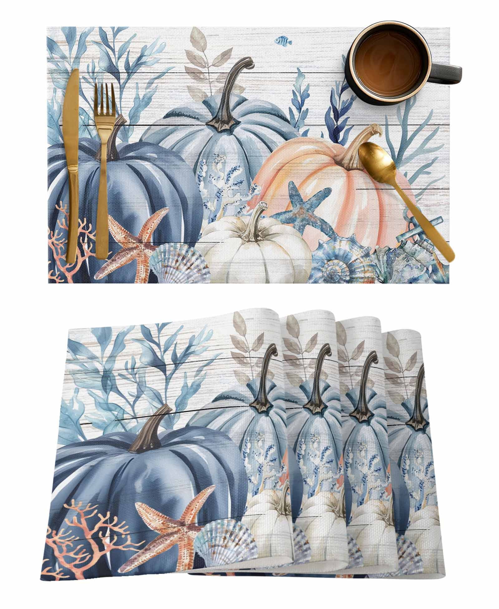 Blue Pumpkin Placemats Set of 12 Seahorse Starfish Coral Wood Stripes ...