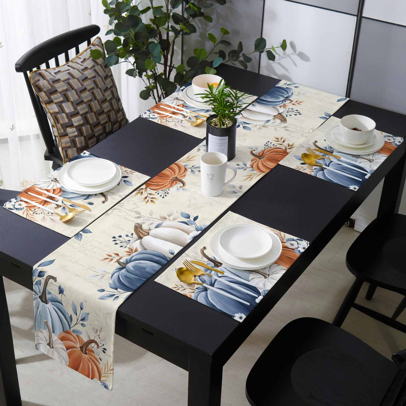 Blue Pumpkin Placemats Set of 4 with 70 Inches Long Table Runners ...