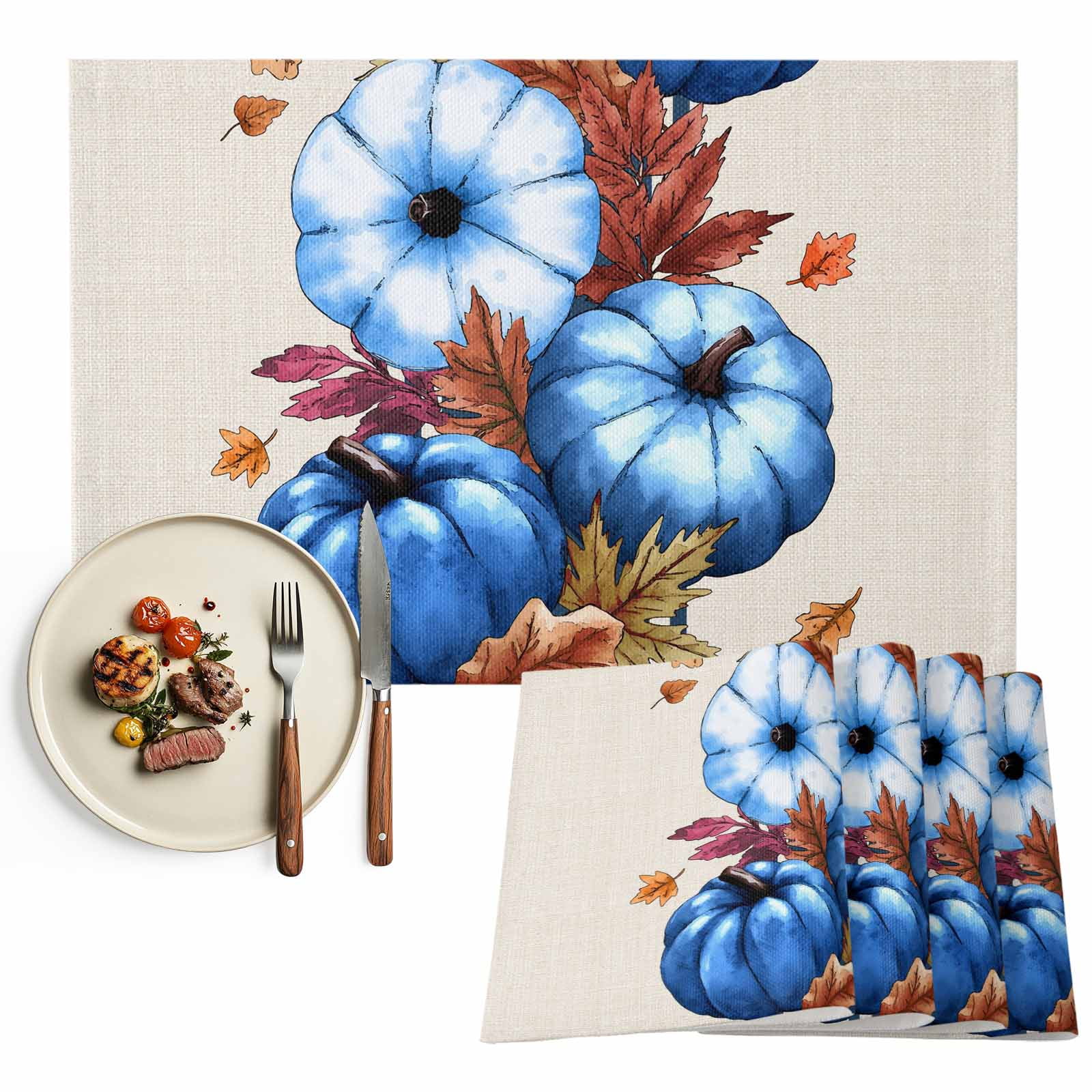 Blue Pumpkin Placemats Set of 8 Fall Thanksgiving Maple Leaf Heat ...