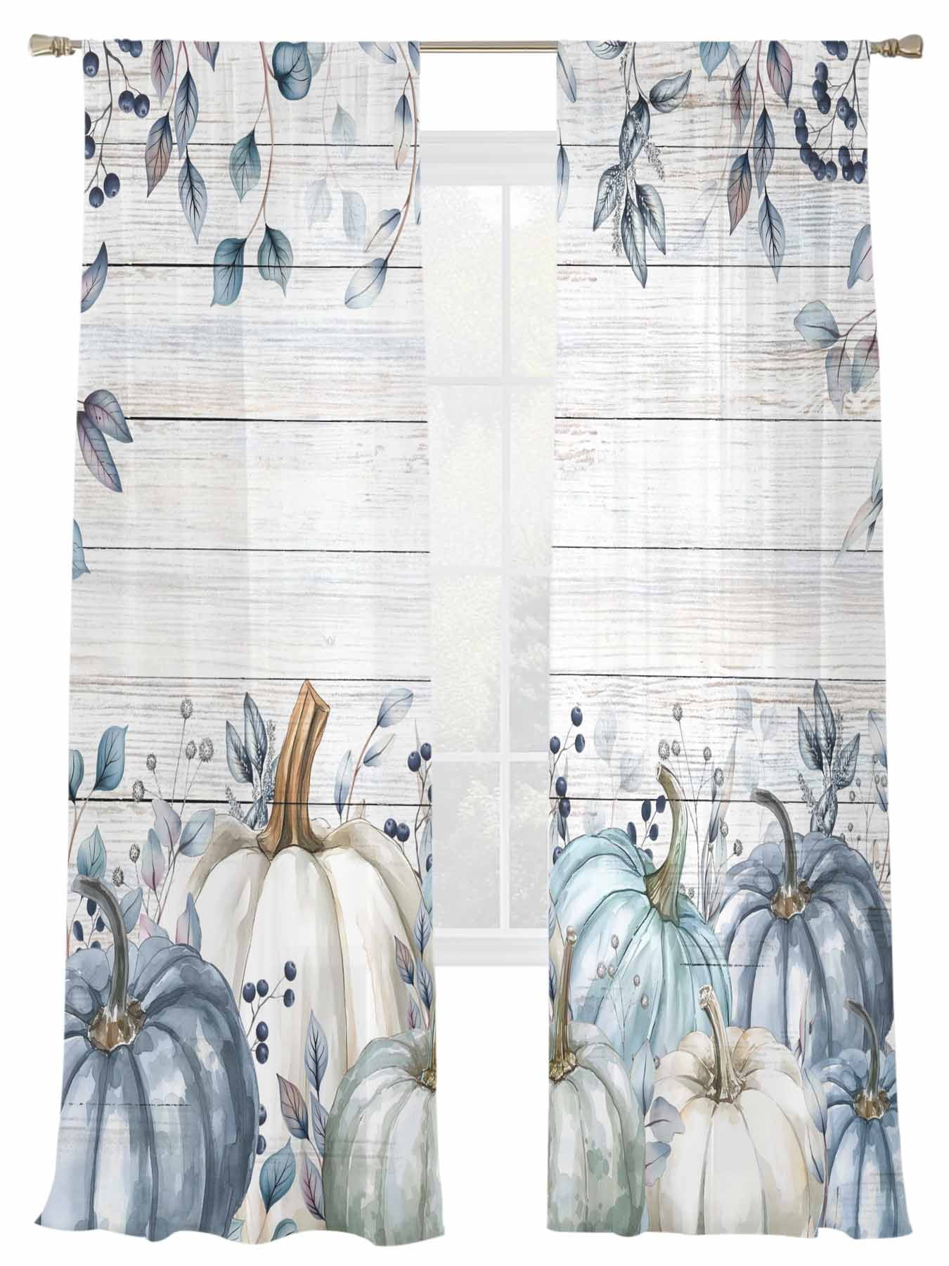 Blue Pumpkin Sheer Curtains 2 Panels Set Wood Grain Background Fall ...