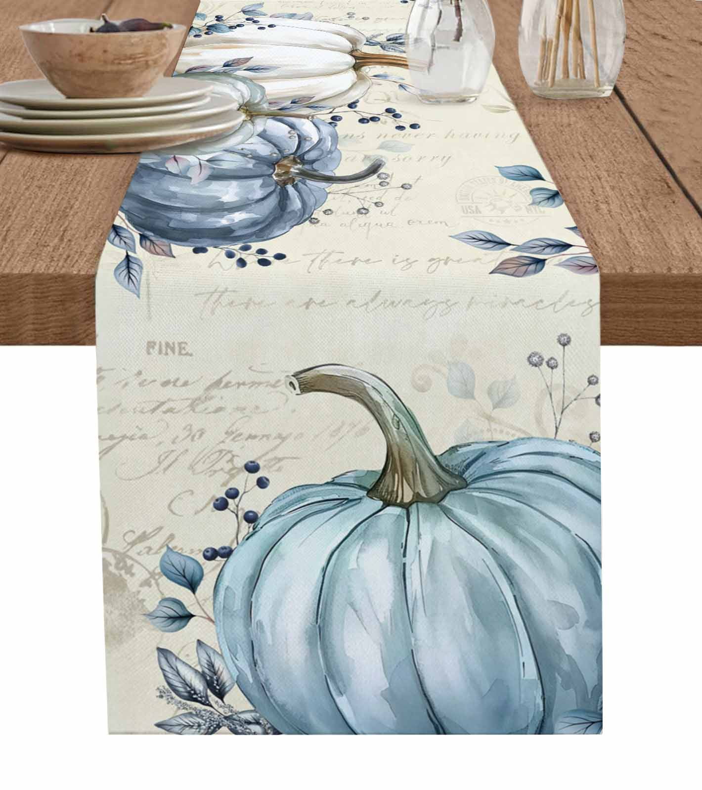 Blue Pumpkin Table Runner 108 Inches, Thanksgiving Fall White Green ...