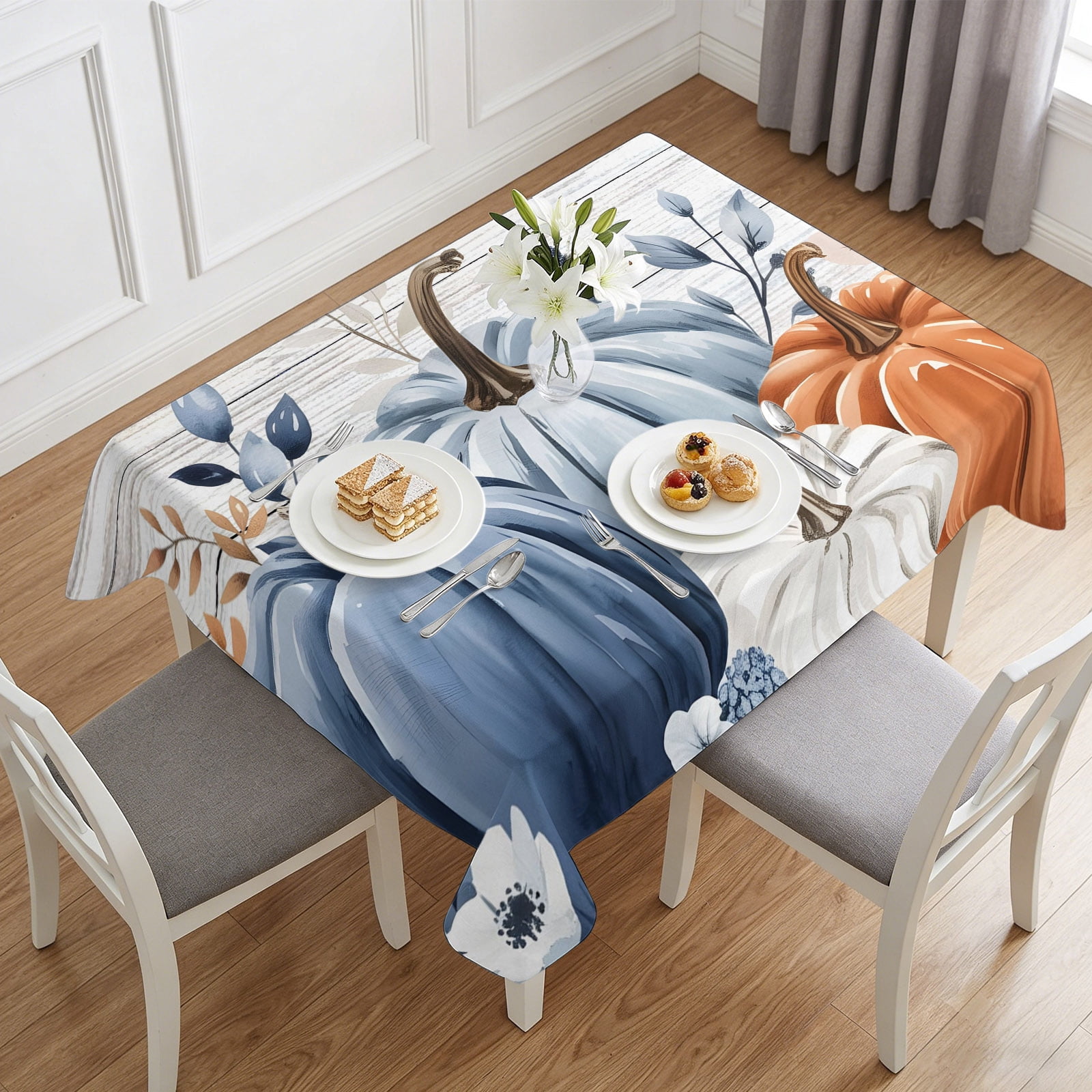 Blue Pumpkin Thanksgiving Fall Leaves Table Cloth 60x84in, Waterproof ...