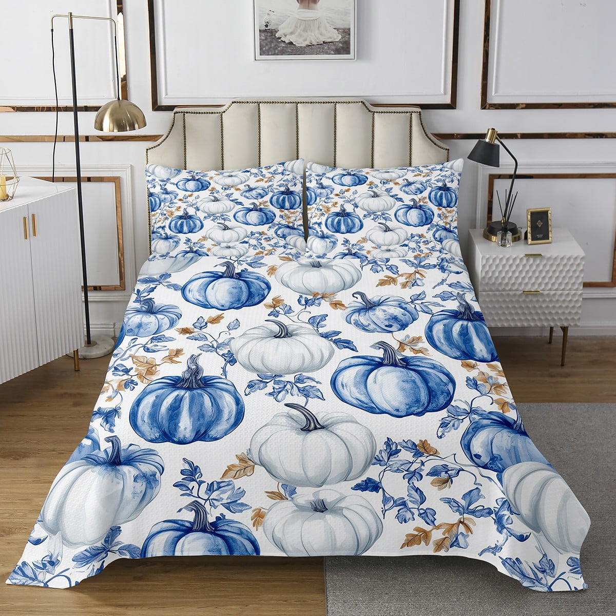 Blue Pumpkin Twin Quilt Set Autumn Harvest Coverlet Set Fall Theme ...