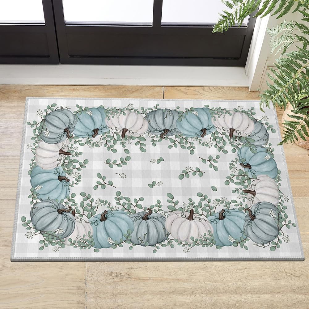 Blue Pumpkins Eucalyptus Leaves Fall Area Rug, Autumn Thanksgiving Bath ...