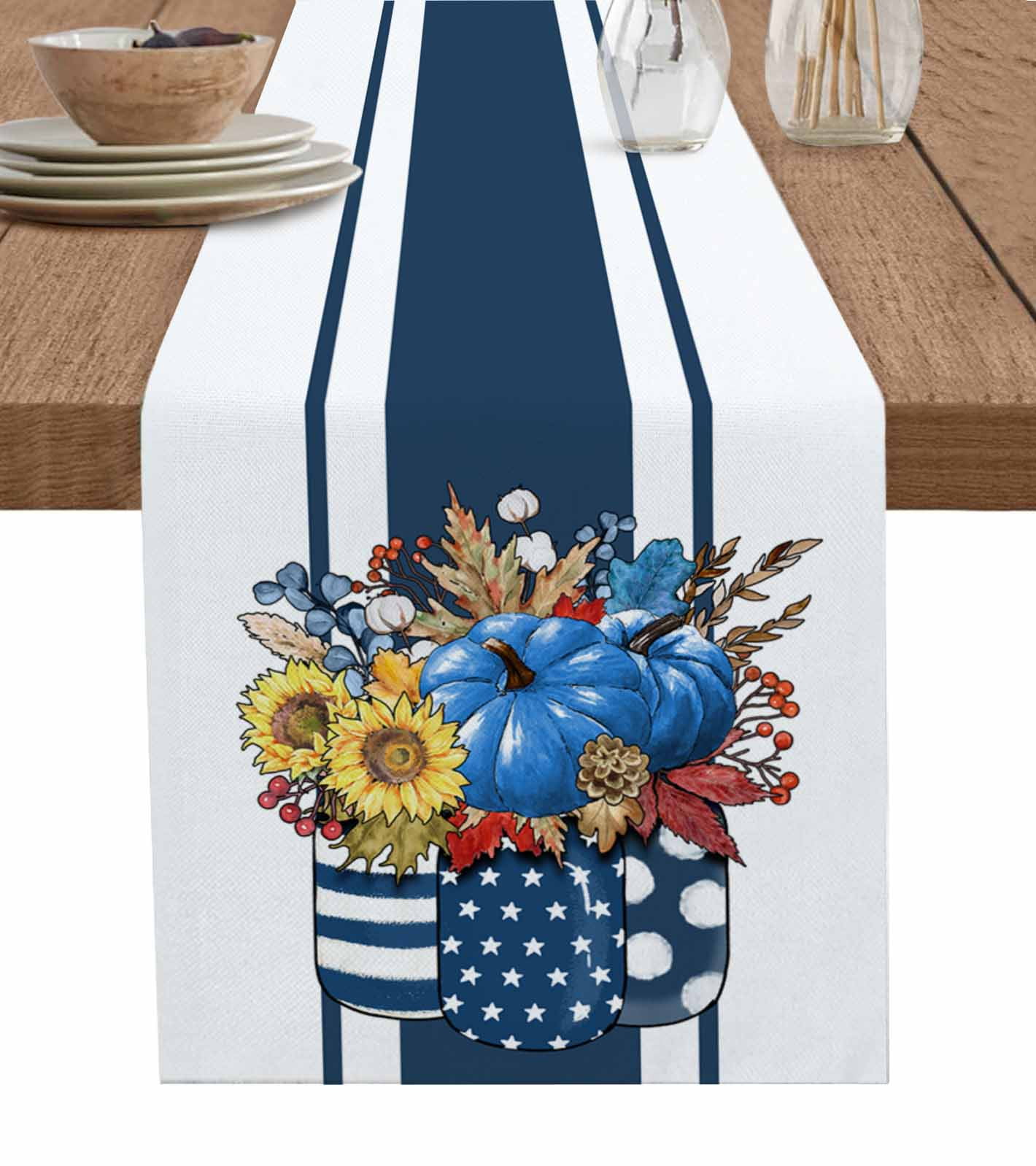 Blue Pumpkins Fall Burlap-Cotton Table Runner 108 Inches Long ...