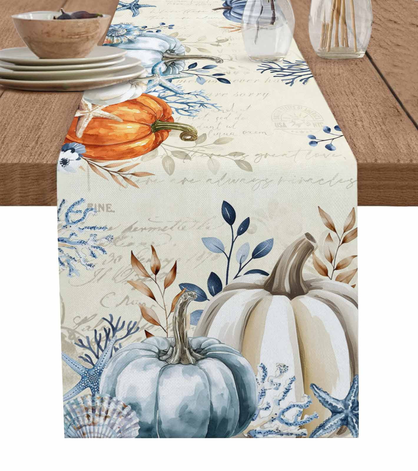 Blue Pumpkins Fall Burlap Cotton Table Runner 13x72 Inches Long ...