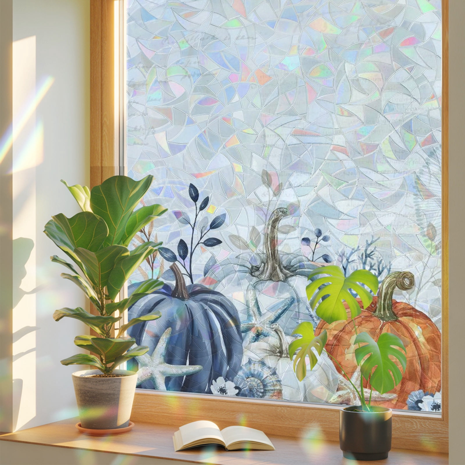 Blue Pumpkins Fall Privacy Window Film, Decorative Stained Glass Window ...