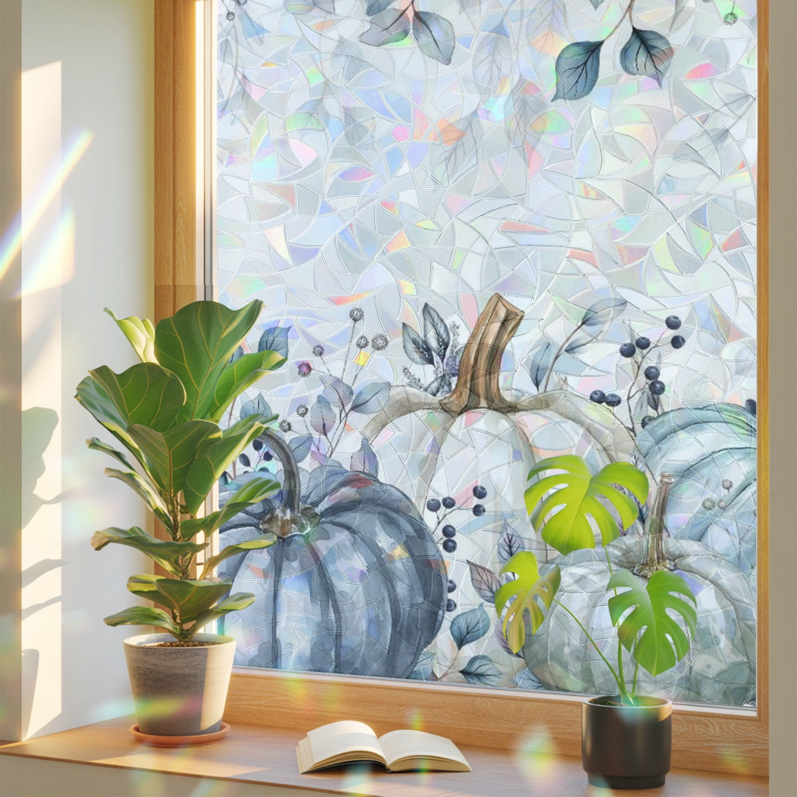 Blue Pumpkins Fall Privacy Window Film, Decorative Stained Glass Window ...
