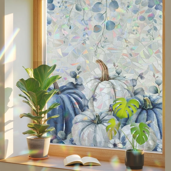 Blue Pumpkins Fall Privacy Window Film, Decorative Stained Glass Window ...