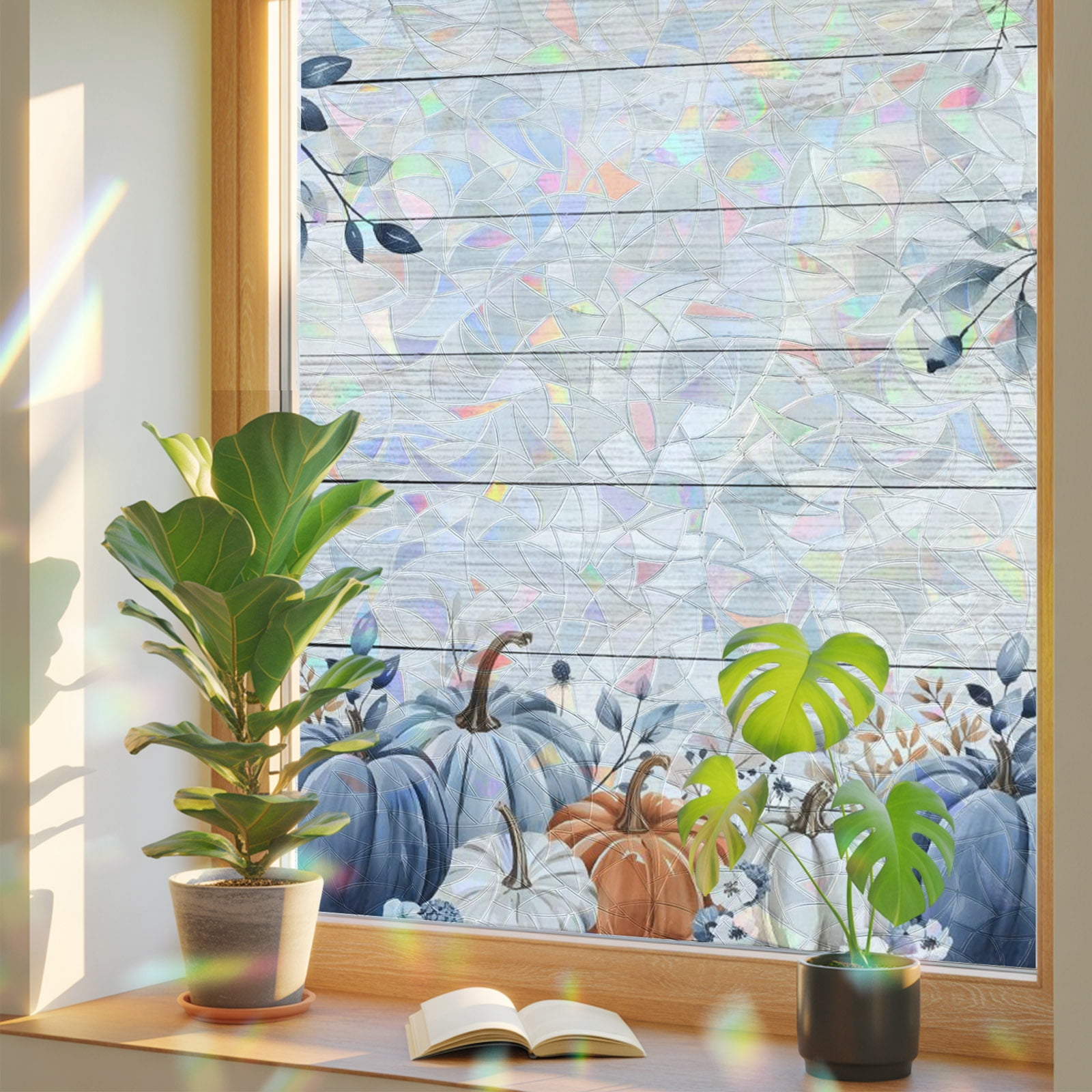 Blue Pumpkins Fall Privacy Window Film, Decorative Stained Glass Window ...