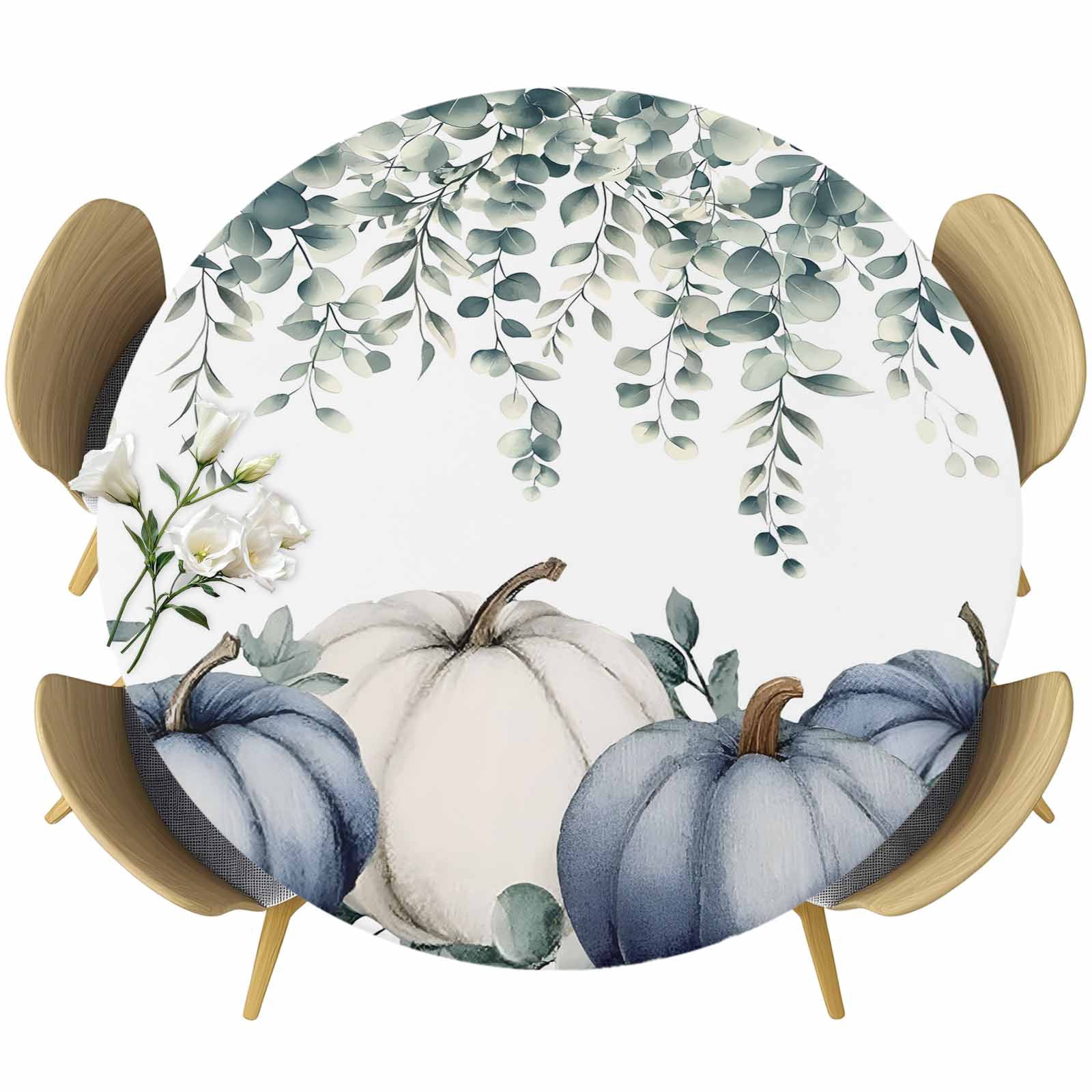 Blue Pumpkins Fall Round Tablecloth, Fitted Table Cover with Elastic ...