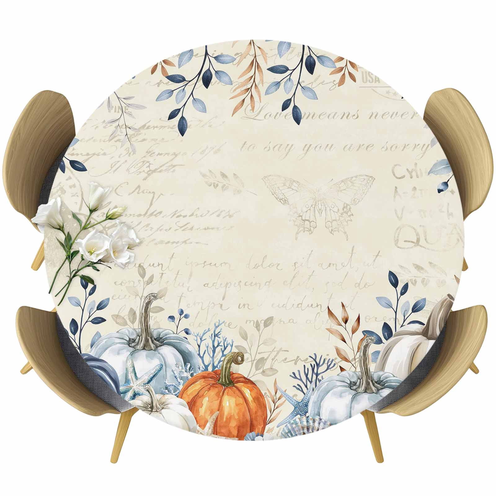 Blue Pumpkins Fall Round Tablecloth, Fitted Table Cover with Elastic ...