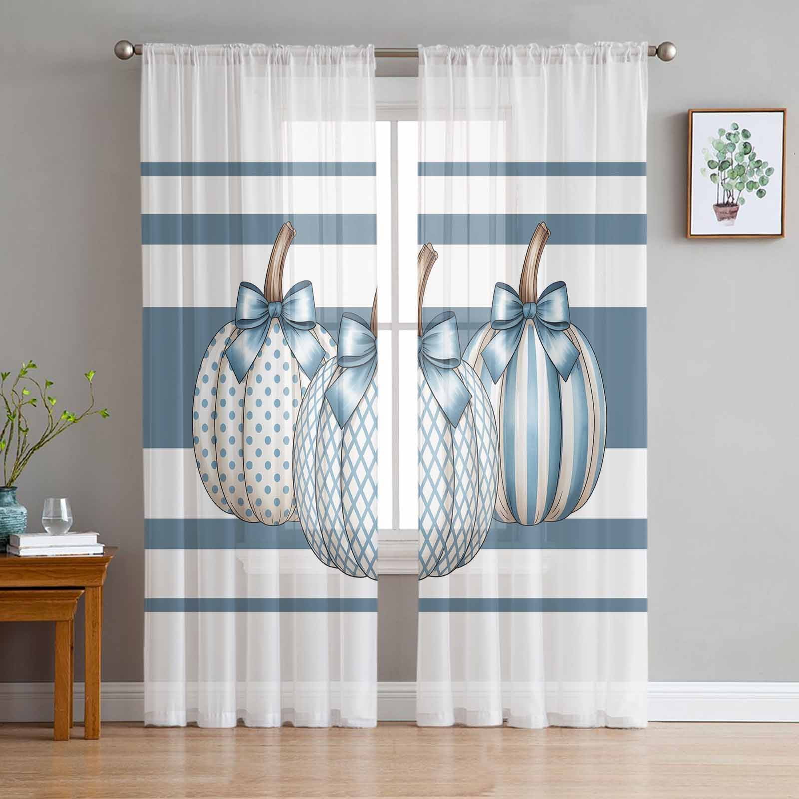 Blue Pumpkins Fall Sheer Curtains 63 Inches Length 2 Panels Set, Window ...