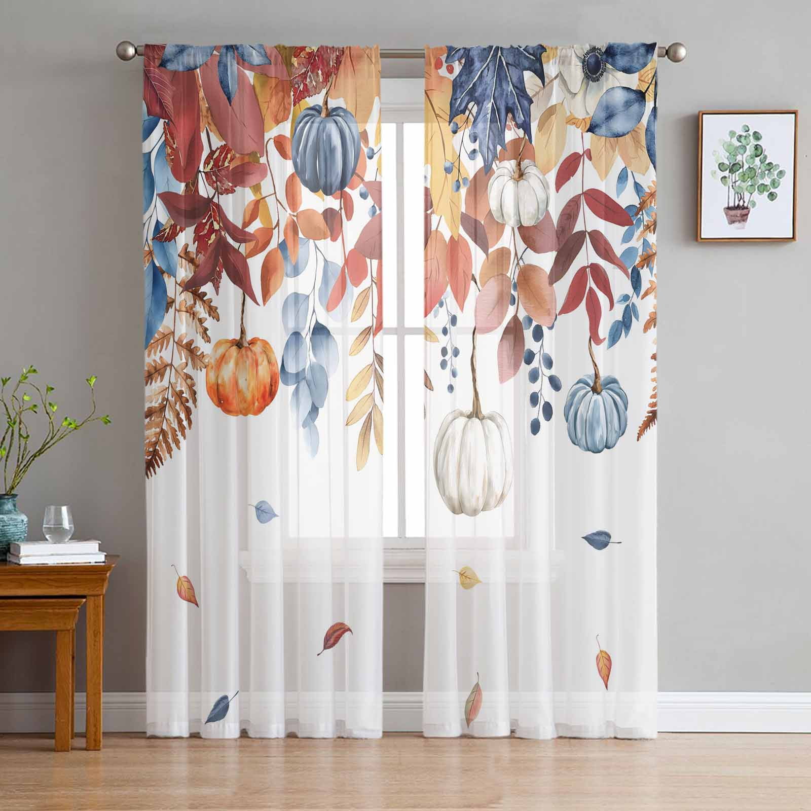 Blue Pumpkins Fall Sheer Curtains 72 Inches Long 2 Panels Set, Window ...