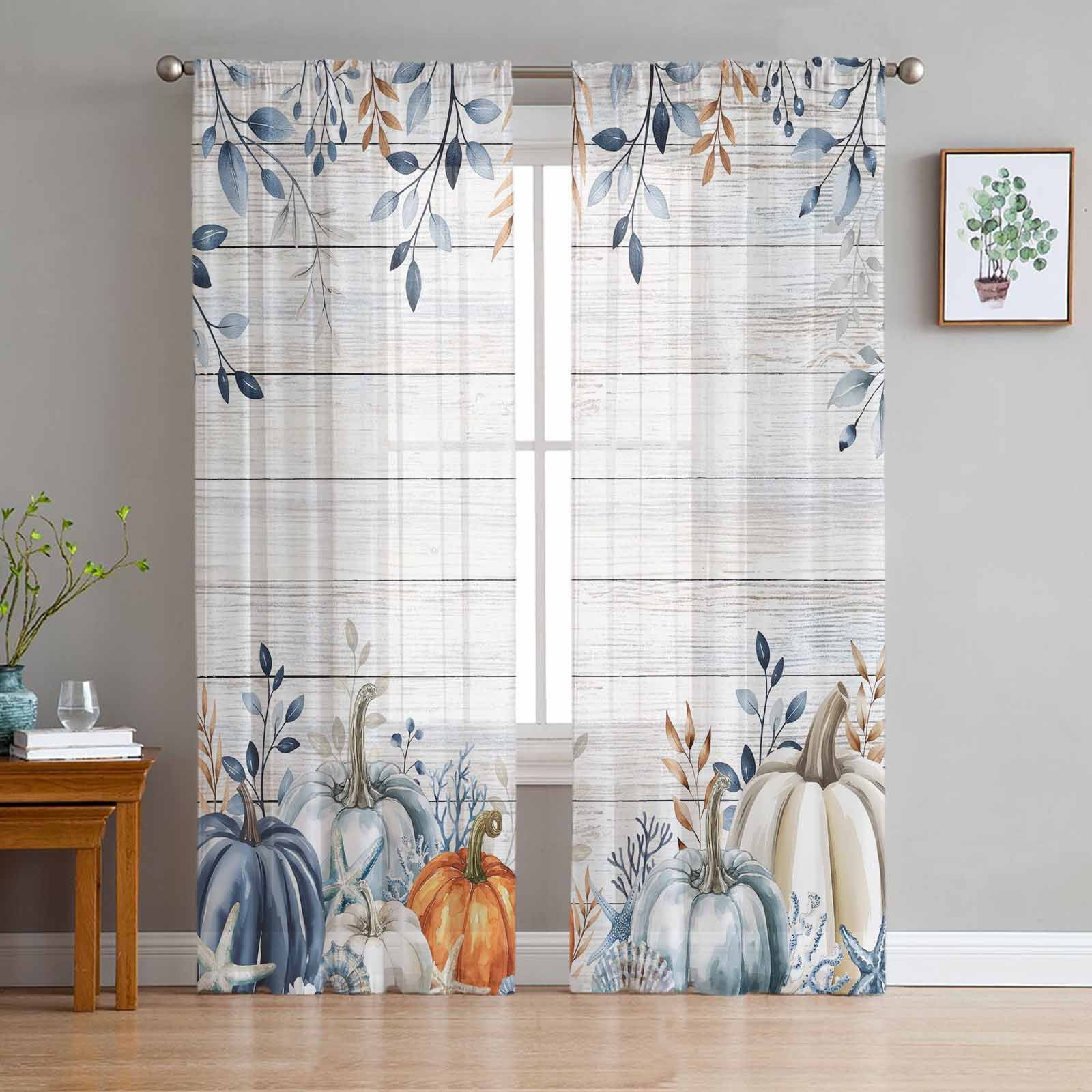 Blue Pumpkins Fall Sheer Curtains 96 Inches Long 2 Panels Set, Window ...