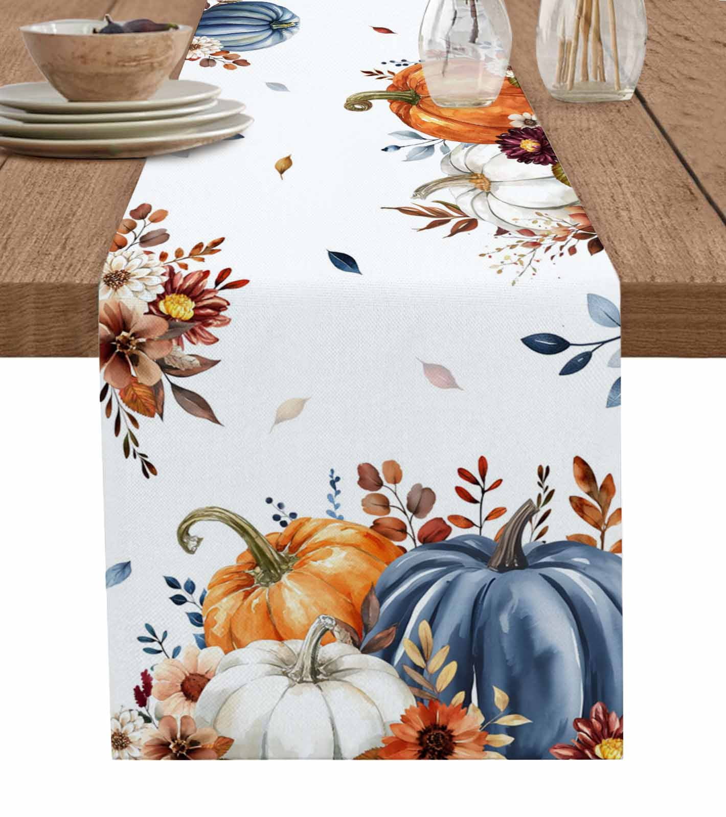 Blue Pumpkins Fall Table Runner 90 Inches, Thanksgiving Floral ...
