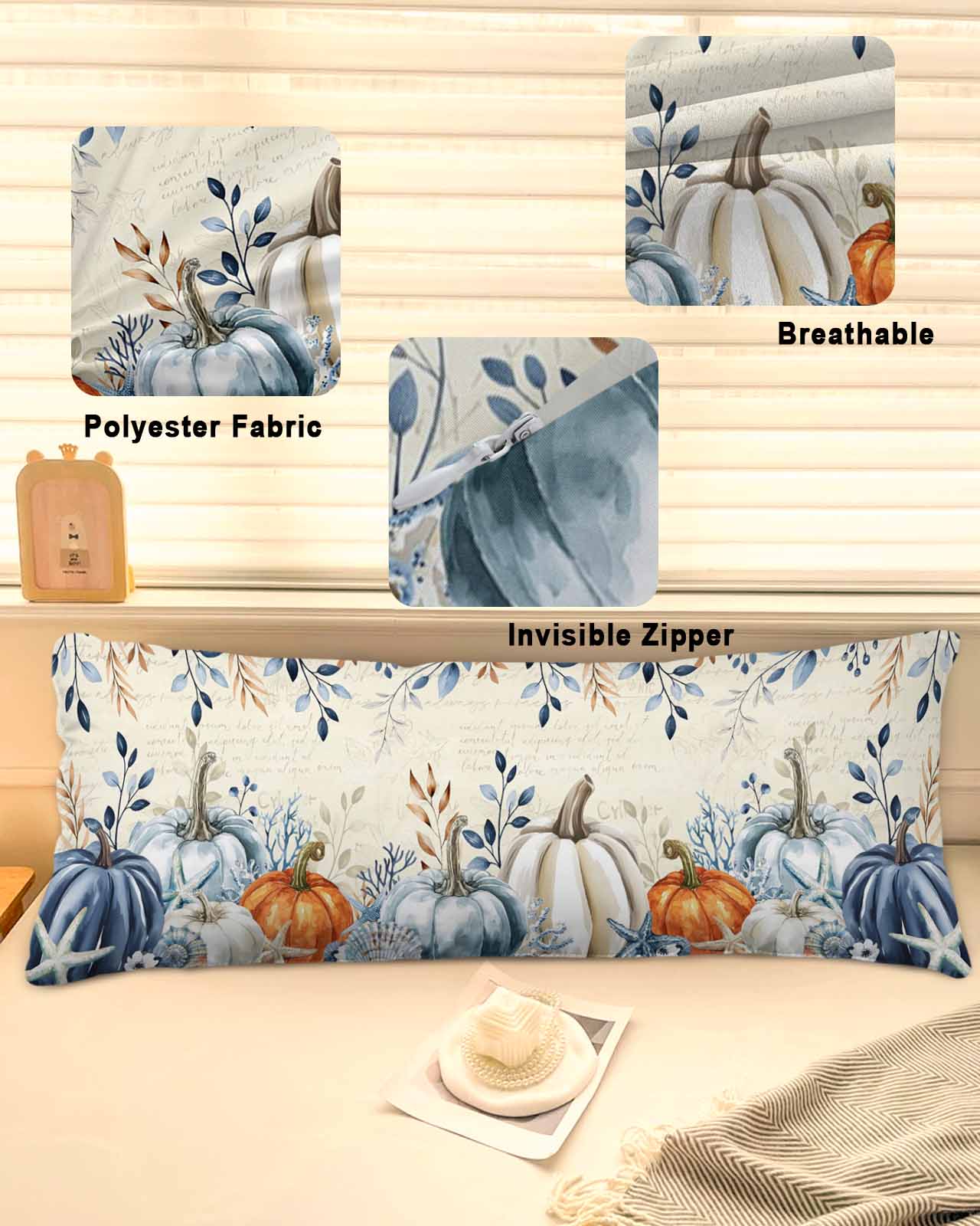 Blue Pumpkins Fall Throw Pillow Covers, Thanksgiving Leaves Farmhouse ...