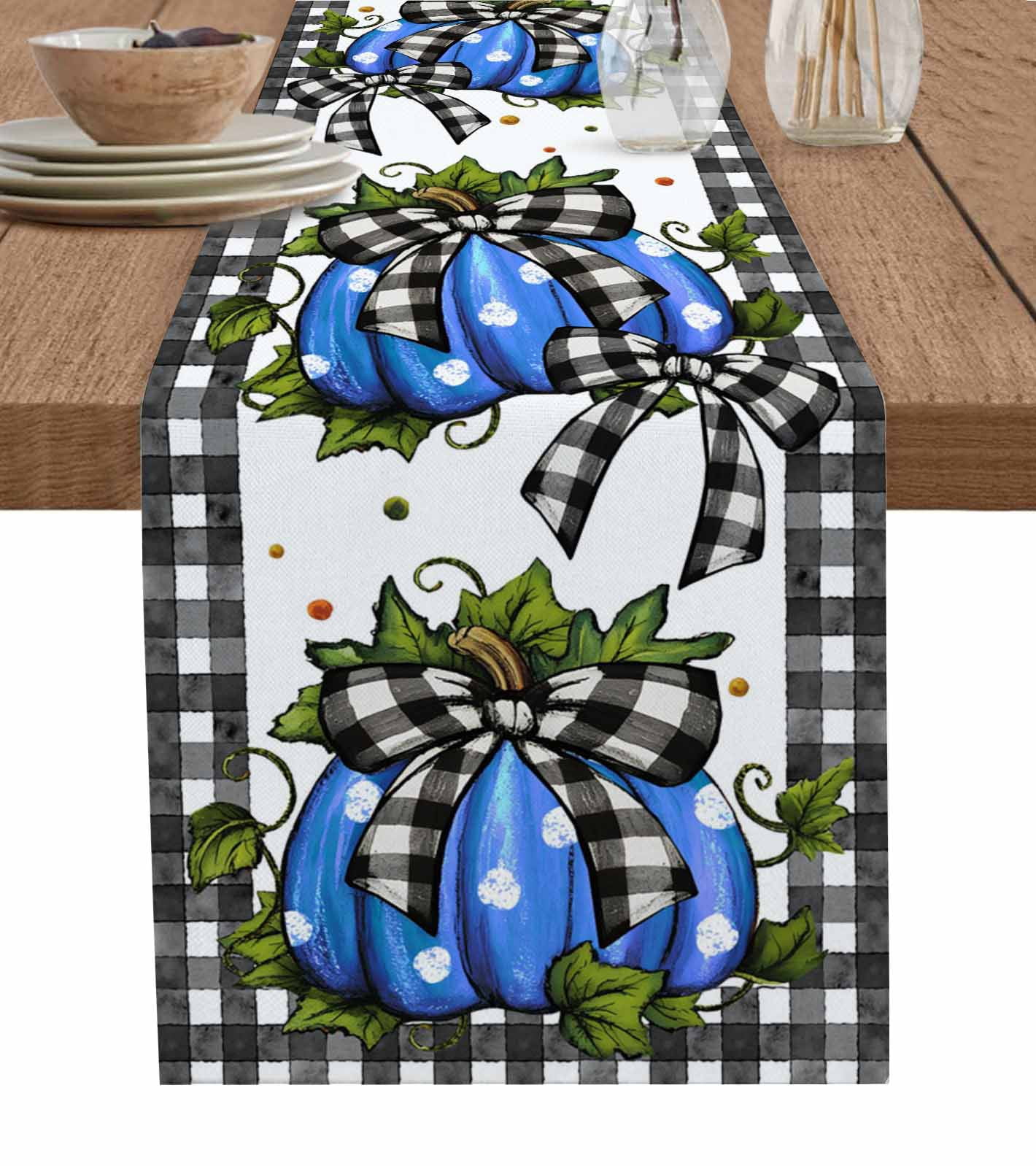 Blue Pumpkins Table Runner 72 Inches, Polka Dot Fall Maple Leaves Retro ...