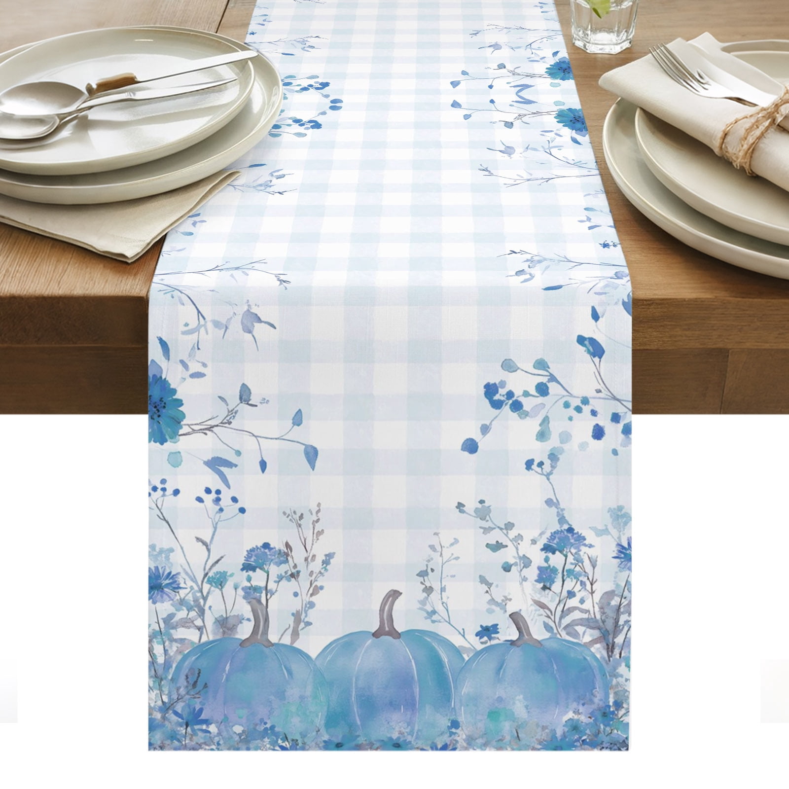 Blue Pumpkins Table Runner, Thanksgiving Harvest Wildflowers ...