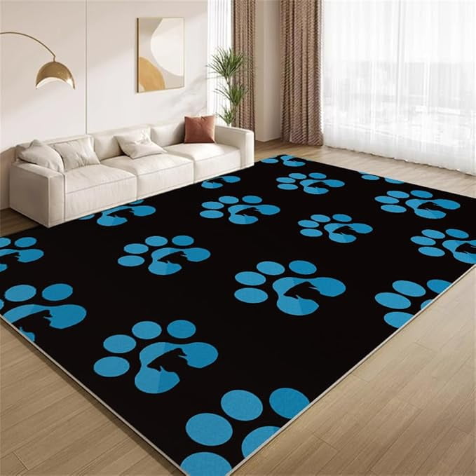 Blue Puppy Footprints Pattern Area Rug, Black Rug For Living Room ...
