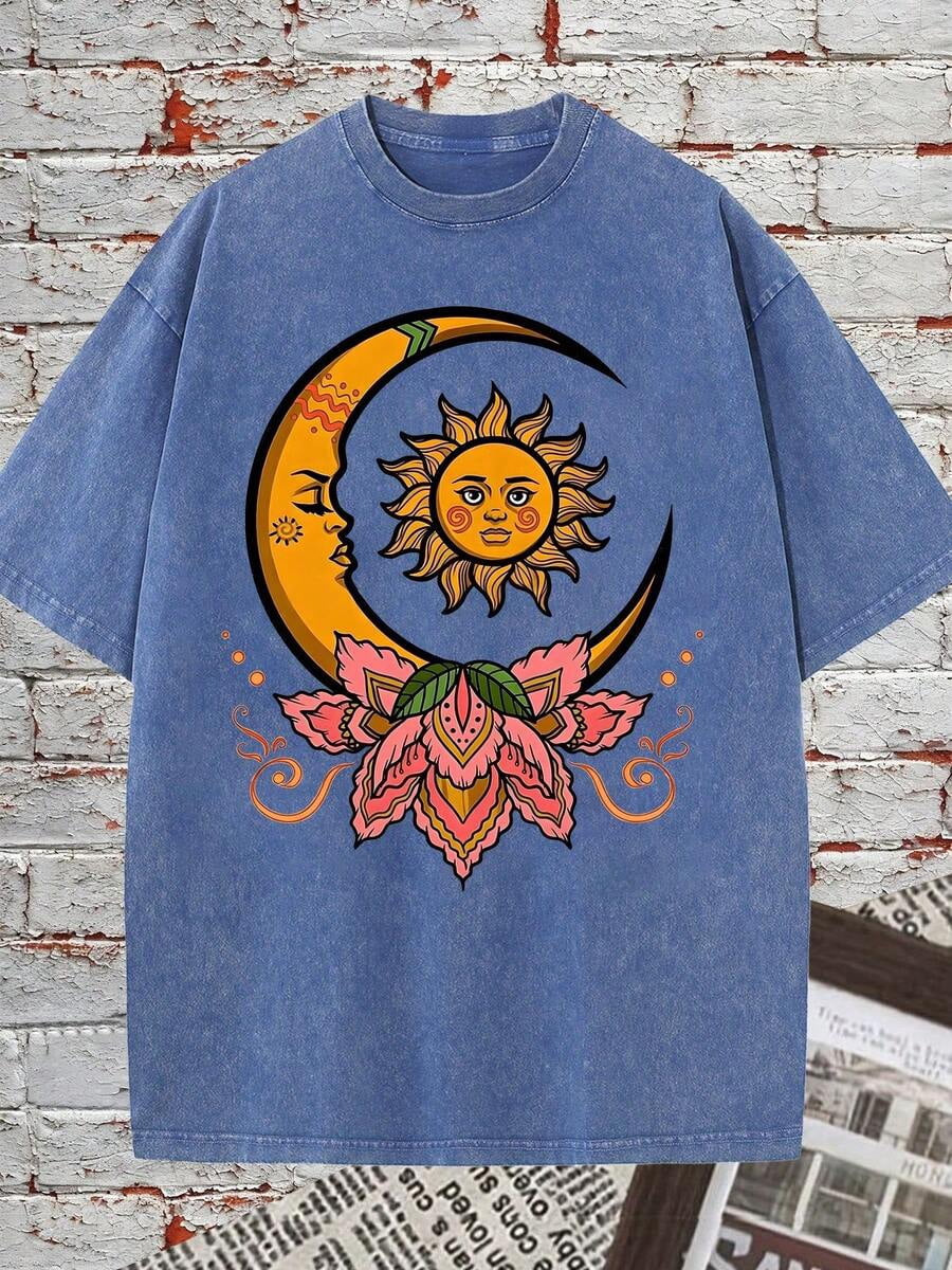Blue Pure Cotton T-Shirt With Retro Moon Sun And Floral Print ...